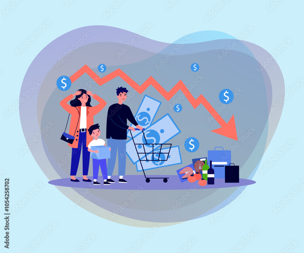 Family shocked at economic crisis vector illustration. Drawing of ...