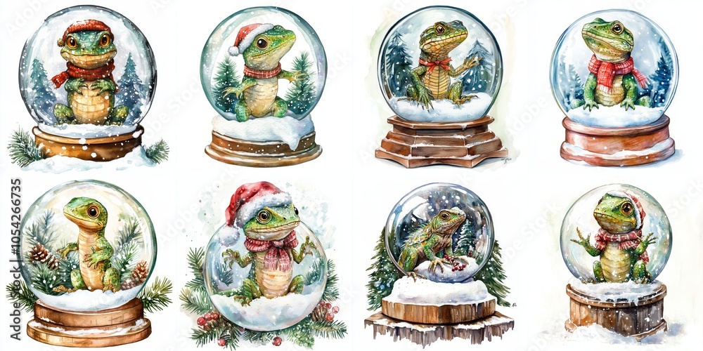 Adorable watercolor illustrations of lizards wearing Santa hats and ...