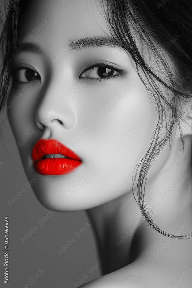 Minimalism frames red lips of woman, enhancing contrast against smooth ...