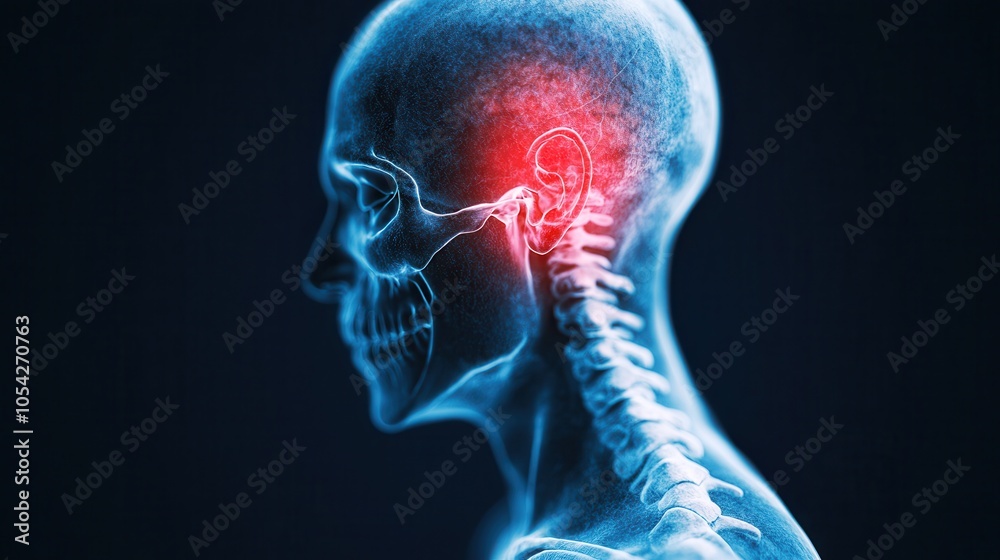 An anatomical illustration showing a side view of a human skull and ...