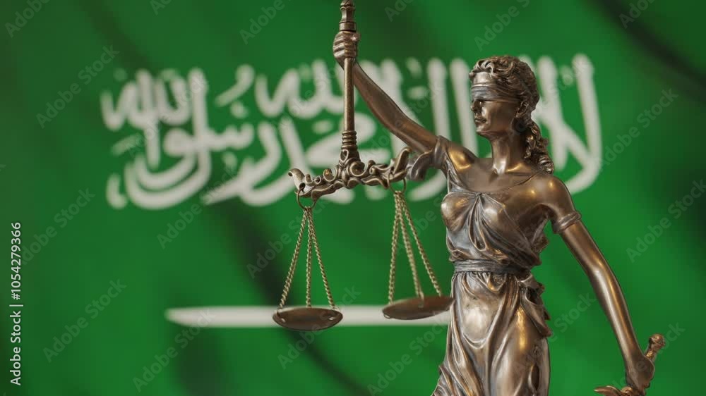 Lady Justice statue with Saudi Arabia flag as background. Saudi Arabia ...