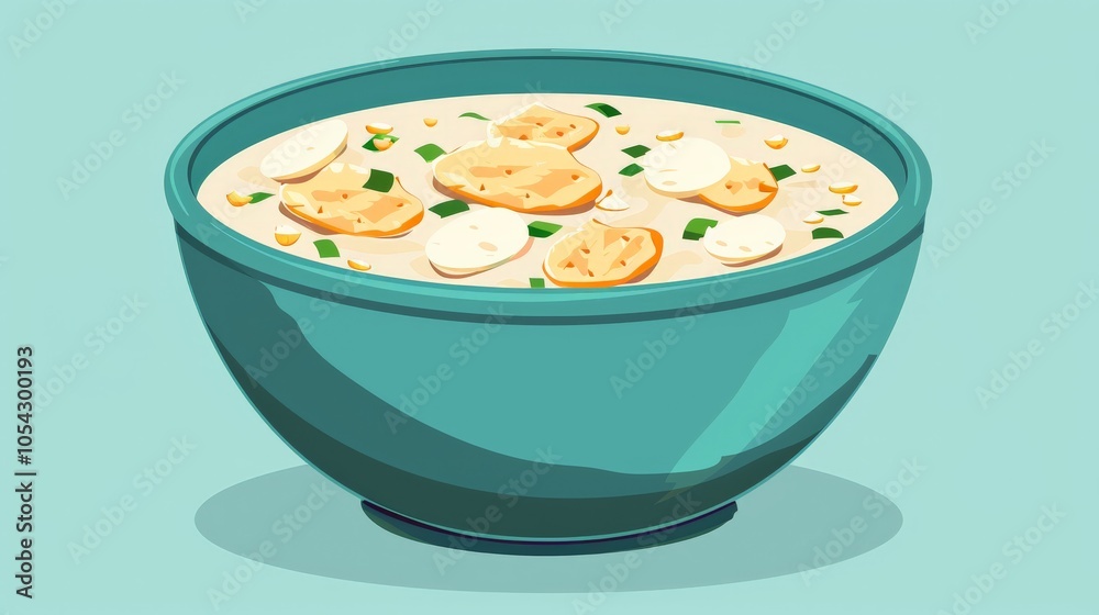 Rendering of a bowl of clam chowder with oyster crackers flat design ...
