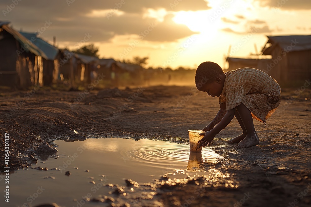 Child collecting water from a muddy puddle at sunset in a rural village ...