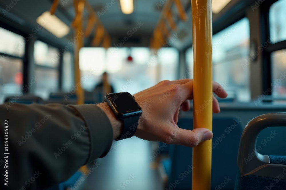 Hand holding a bus handrail, with a smartwatch on the wrist ...