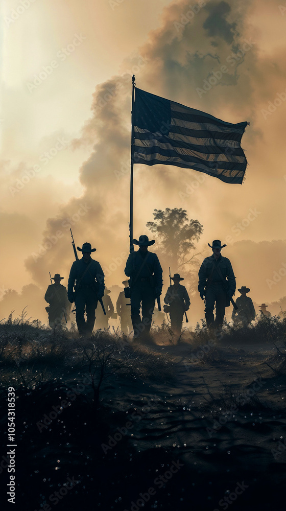 Union soldiers marching at dusk, silhouetted against golden sky with ...