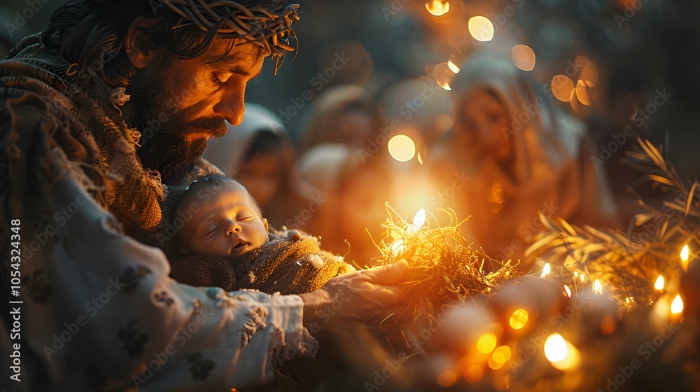 Warm, soft glow around baby Jesus as the magi bow before him, offering ...