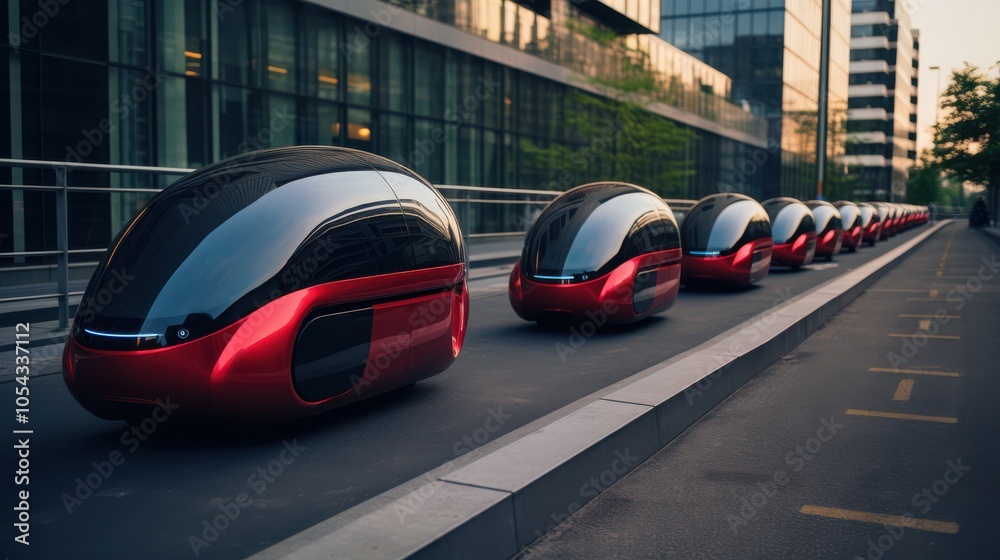 A sleek line-up of futuristic red transport pods reflects innovation in ...