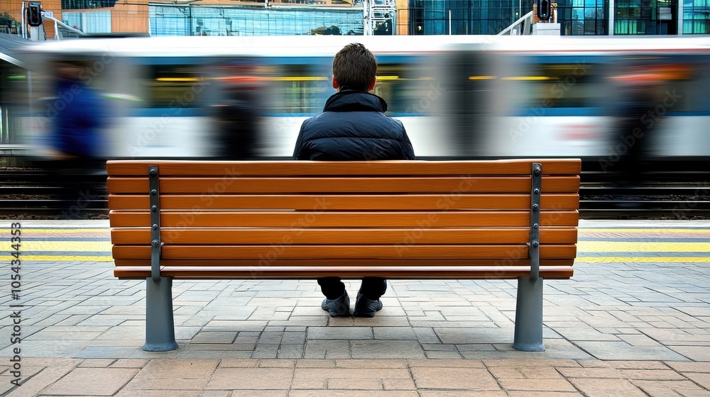 A man sitting on a bench at a train station, with a high-speed train ...