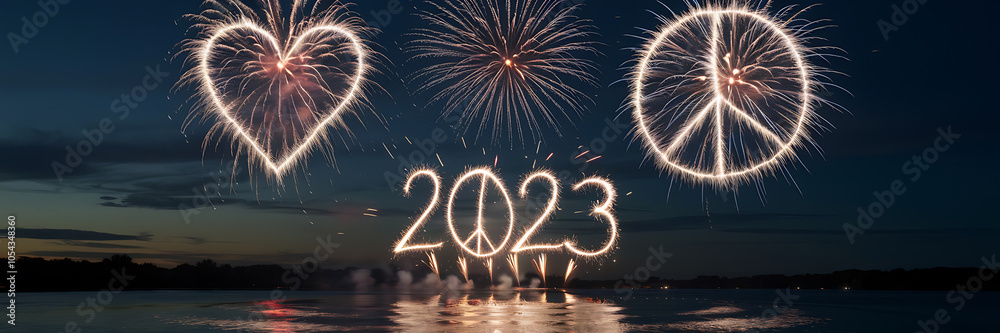 Fireworks create a heart peace sign and 2023 in the night sky with a ...