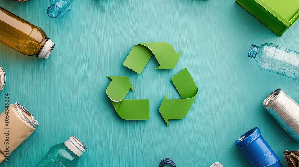 Green recycle symbol surrounded by various recyclable materials on a ...