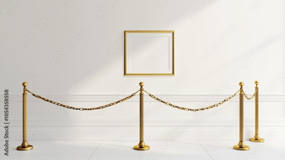 Golden stanchions framing a picture display area, creating a museum or ...