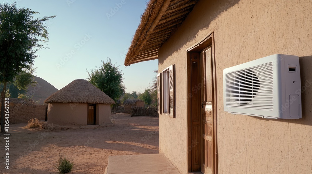 An industrial air conditioner is installed on the adobe wall of a house ...