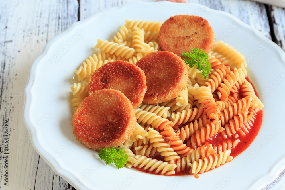 Jägerschnitzel nach DDR Rezept mit panierter Jagdwurst und Spirelli ...