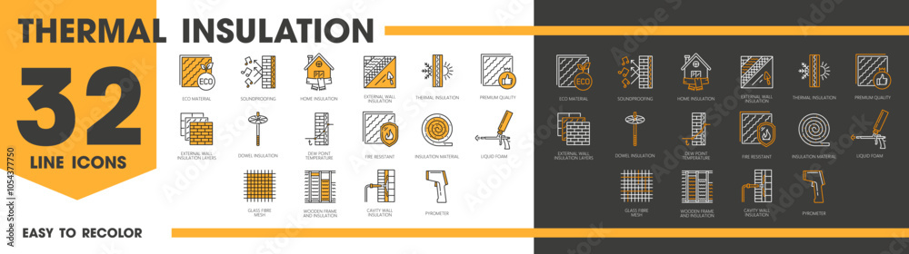 Wall thermal insulation line icons. Mineral wool and tools. Eco ...