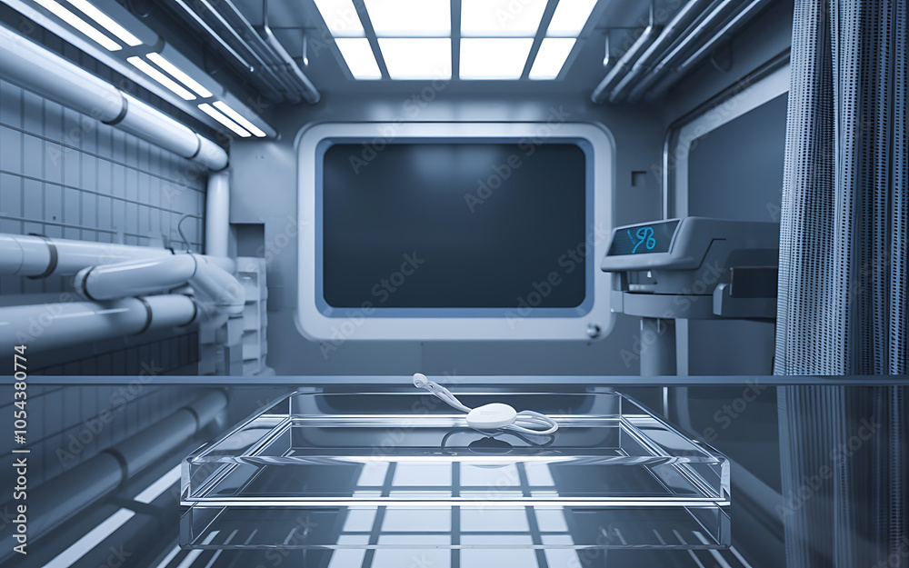 Futuristic medical equipment white and blue sterile and clean science ...