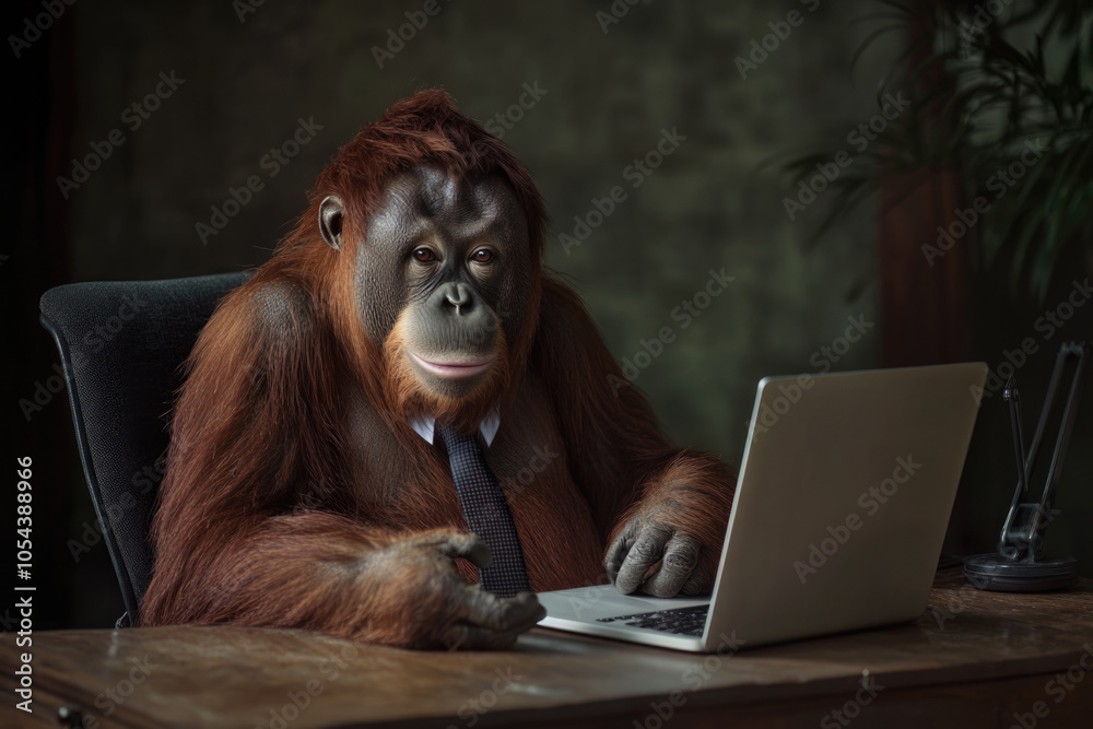 An orangutan dressed smartly uses a laptop at a desk, showing focus and ...