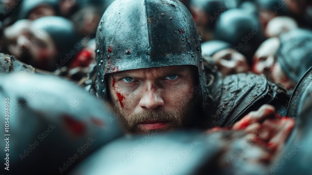 A battle-hardened knight, bloodied and intense, gazes directly amidst a ...