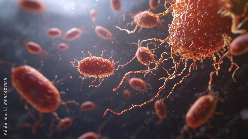 This artistic image displays red bacteria with thread-like tails ...