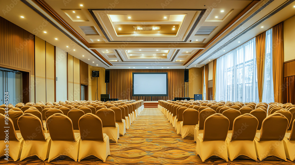 Large conference center hall filled with rows of chairs and ...