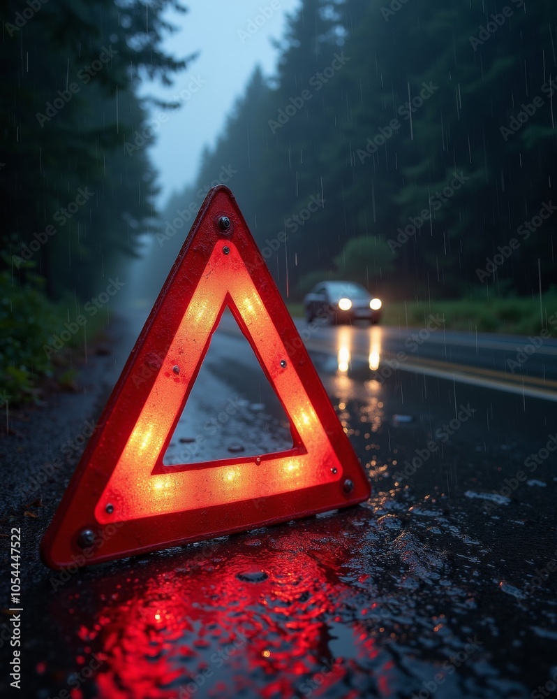 A red warning triangle on a wet road with a car approaching in the rain ...