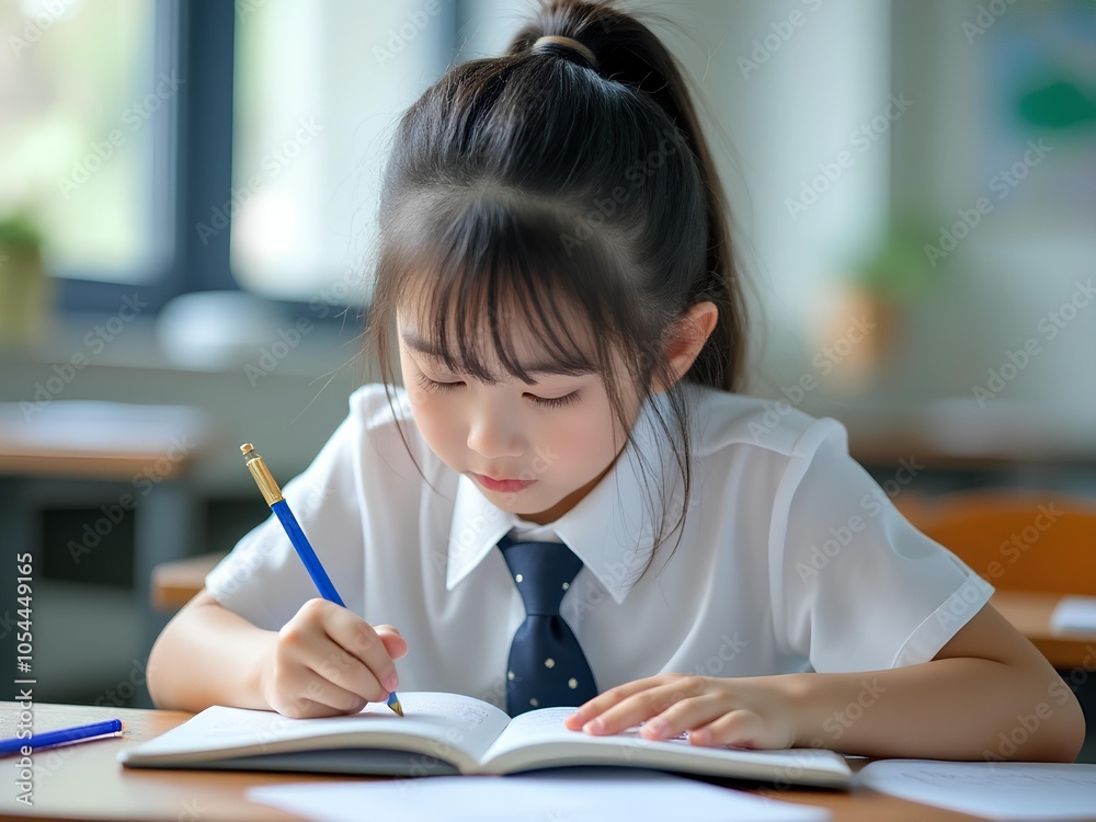 Hardworking beautiful Chinese Asian girl primary school student with ...