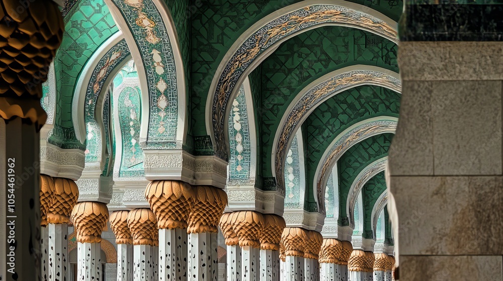 The Nabawi Mosque in Al Madinah, Saudi Arabia, features a striking ...