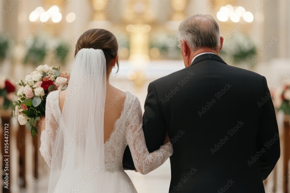 A bride and her father make their way down an ornate church aisle ...