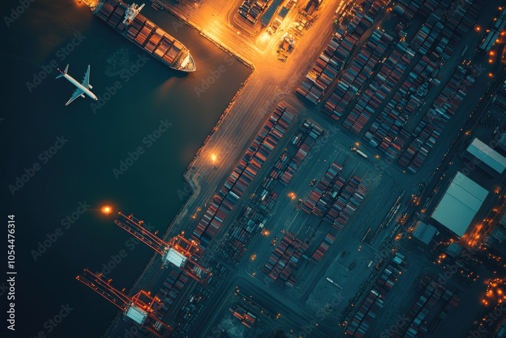 An airplane soars above a vast container ship, contrasting the massive ...