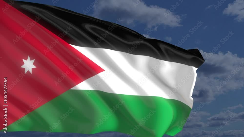 Jordan flag waving in front of blue clouds. The national flag. National ...