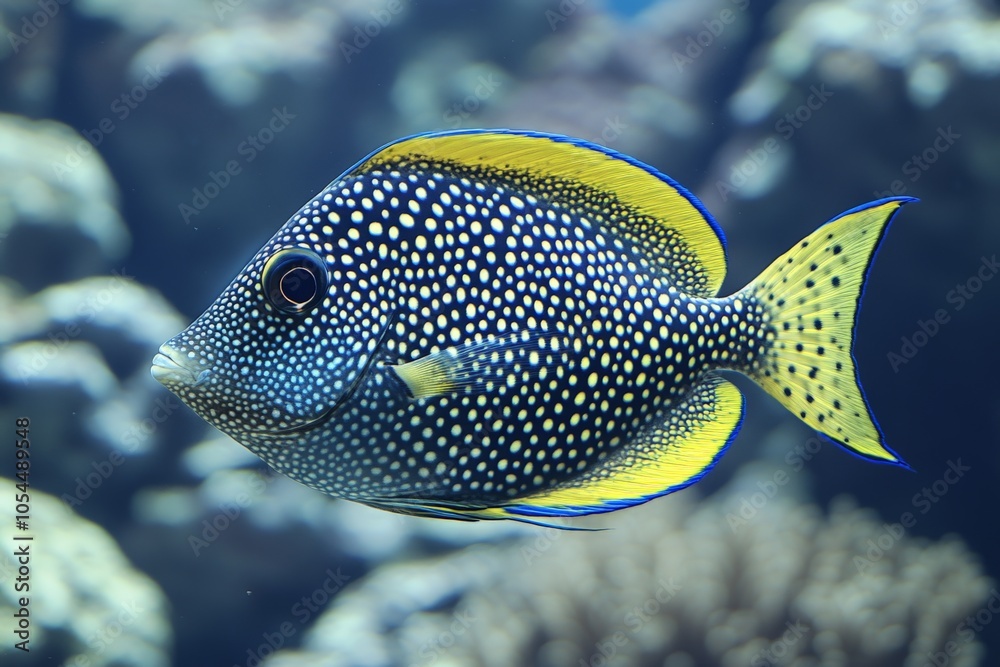 Spotted tang fish with blue and yellow accents swimming near coral ...