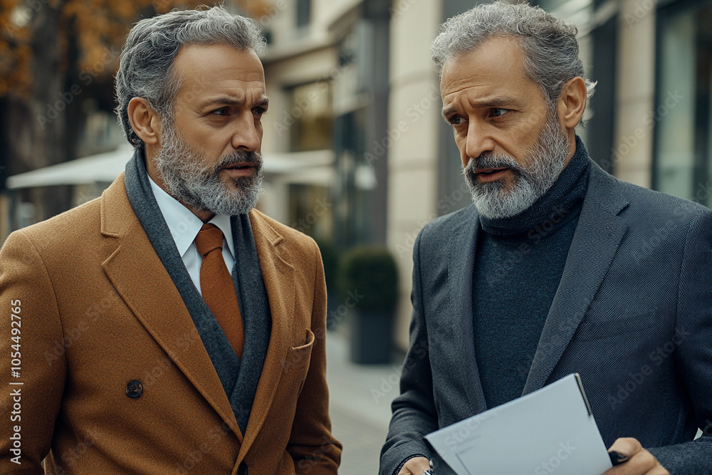 Two middle-aged men in stylish attire converse intently on a city ...