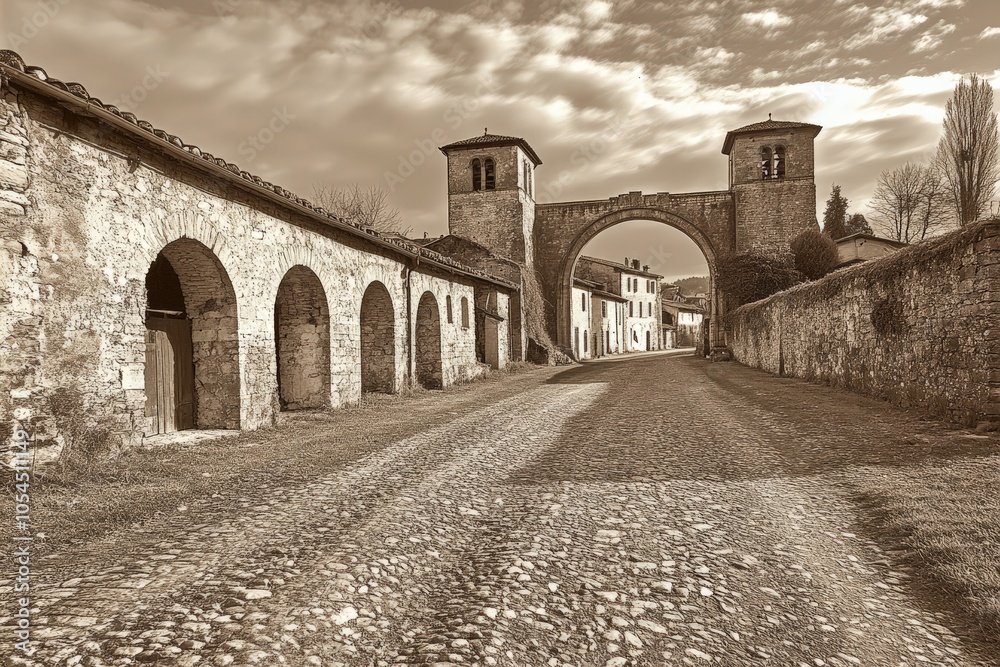 Sepia toned photograph of old stone bridge with multiple arches ...