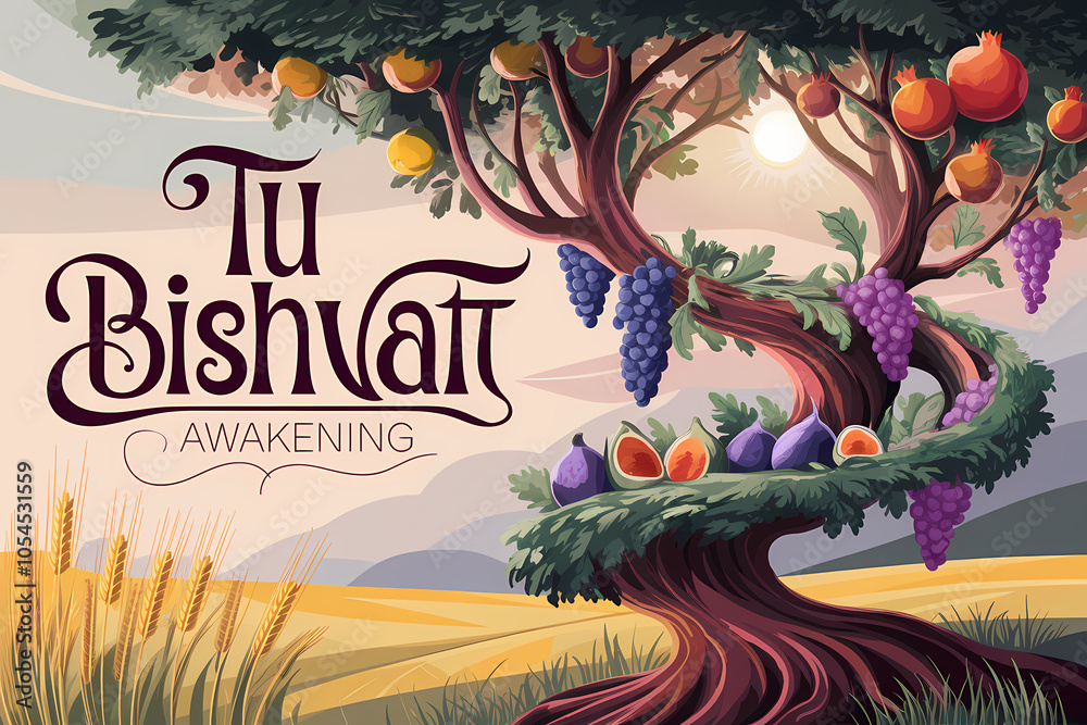 Tu Bishvat Tree of Life with fruits and message of awakening Stock ...