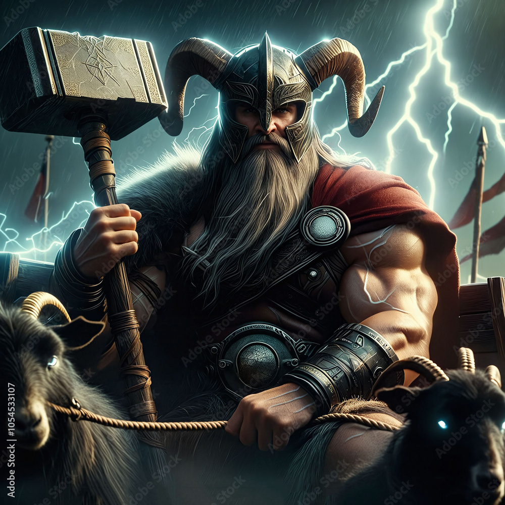 The great Nordic god Thor with his chariot, goats and his hammer ...