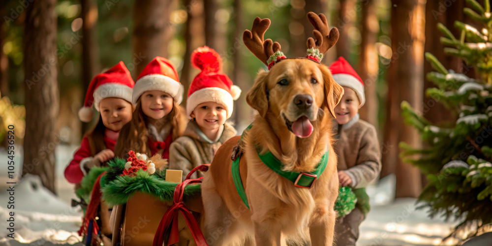 Joyful children and a Golden Retriever dressed as a reindeer, sledding ...