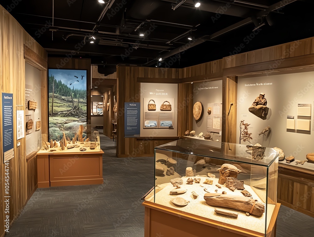Interior of a natural history museum exhibit showcasing fossils and ...
