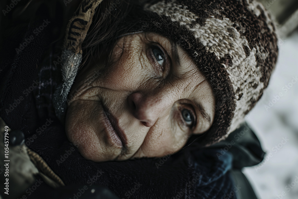 Weathered face of a homeless woman wearing a knitted hat, capturing the ...