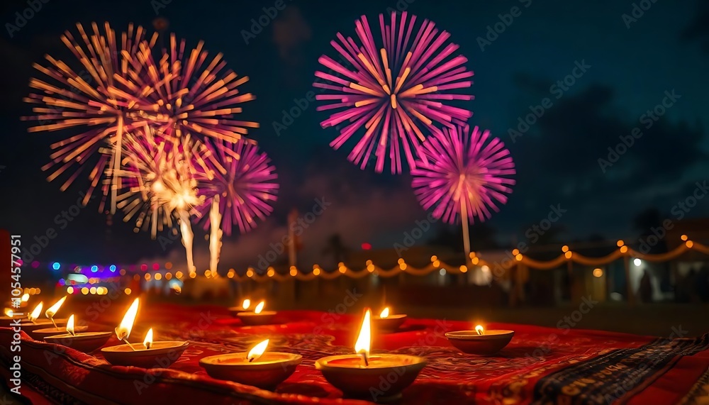 Colorful fireworks bursting in the night sky over a traditional Indian ...