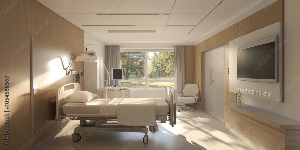 Serene Hospital Room: Sunlight streams into a modern, calming hospital ...