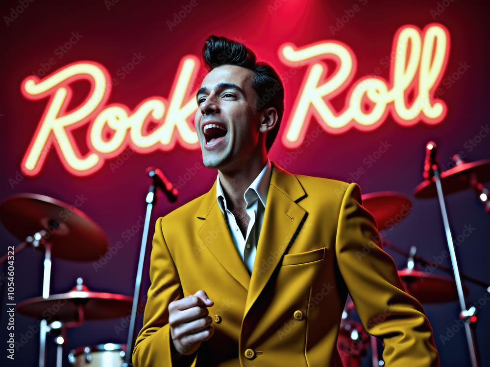 A lively rock and roll singer passionately performs on stage, dressed ...