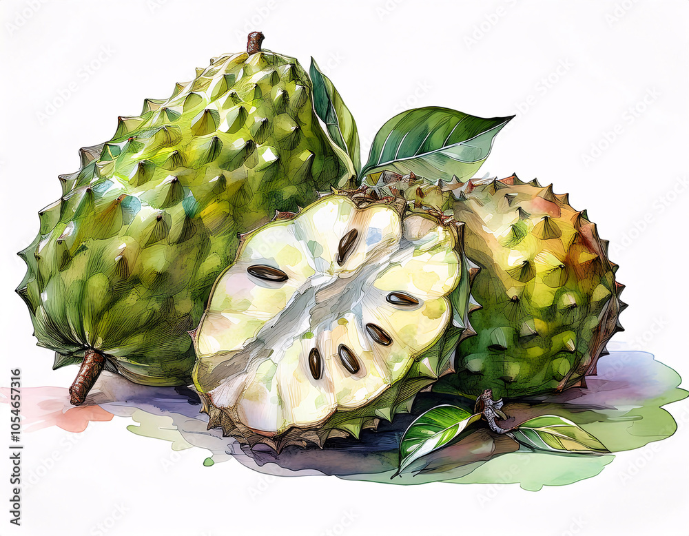 A cluster of soursop fruits, one cut open to reveal the creamy white ...