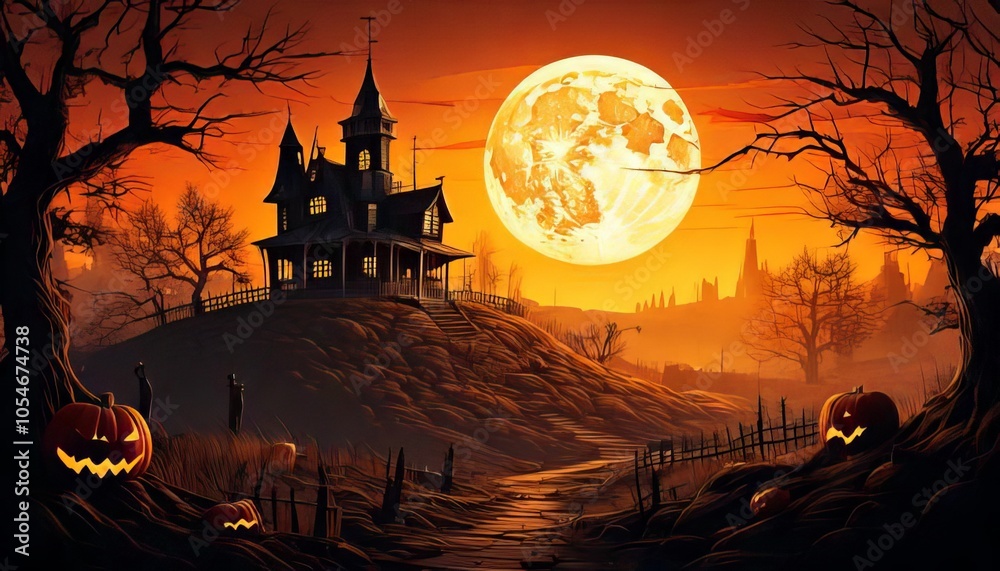 Haunted House on Hill. A Halloween background depicting an old, haunted ...