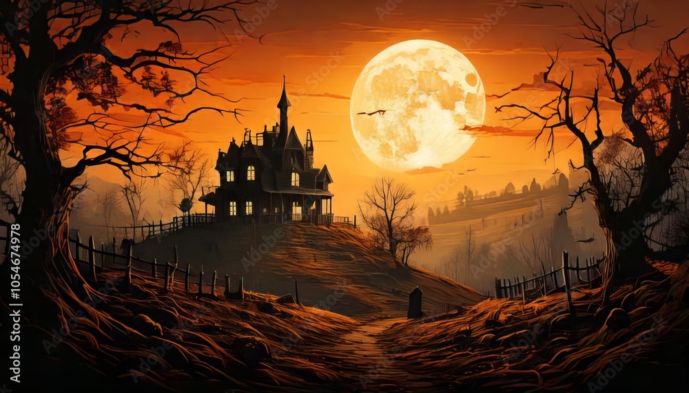 Haunted House on Hill. A Halloween background depicting an old, haunted ...