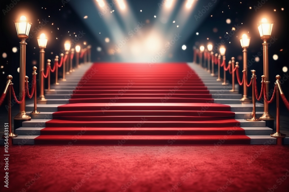 Red carpet at a VIP event with stairsand spotlights, entrance, and ...