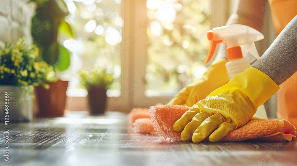 Cleaning home table sanitizing kitchen table surface with disinfectant ...