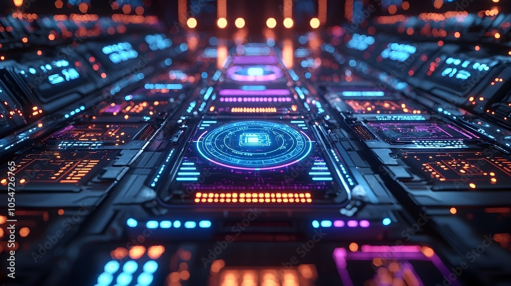 Futuristic security interface design with glowing 3D cyber defense protocols blue and purple ...