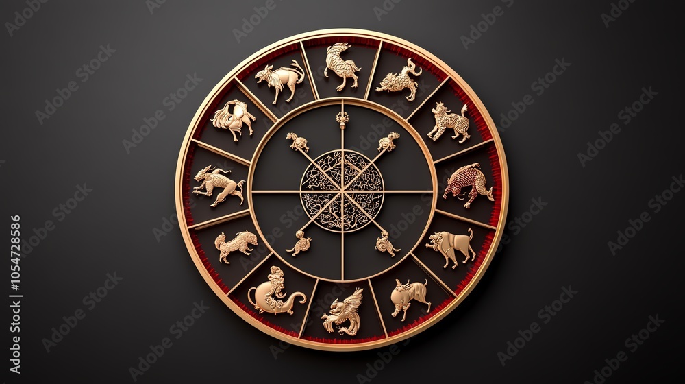 Traditional Chinese zodiac wheel in intricate design, each animal ...