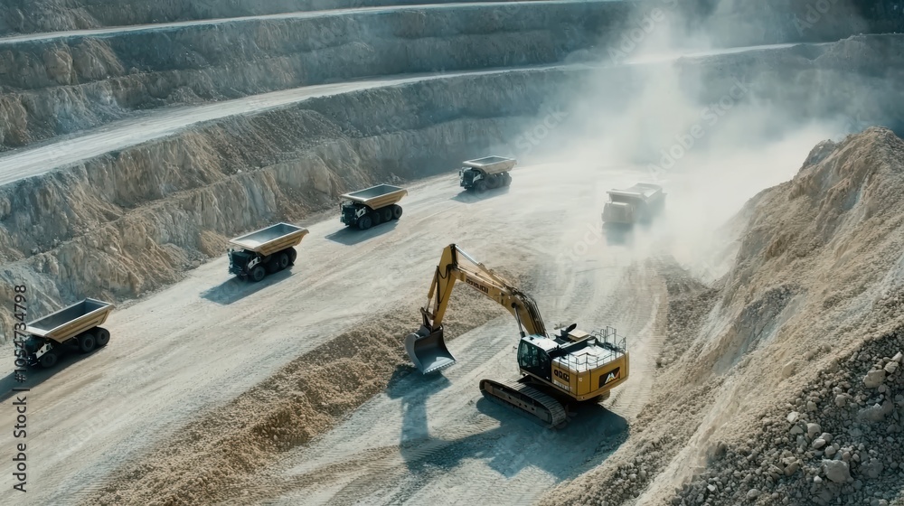 A vast mining site features heavy machinery operating among large piles ...