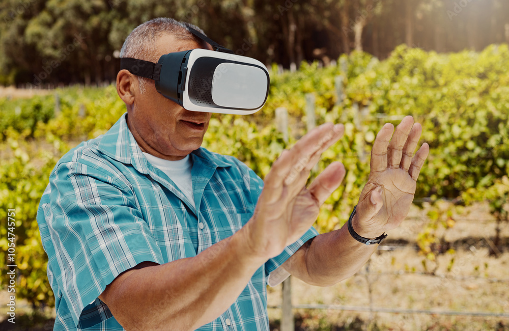 Senior, man and hands with vr headset in vineyard for interactive ...