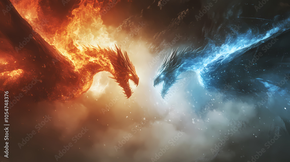Epic illustration of two dragons, one of fire and one of ice, facing ...
